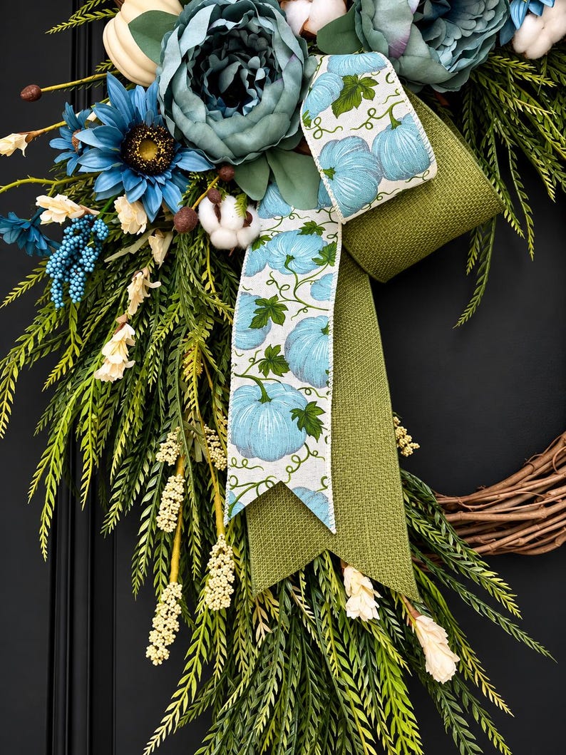 Blue Peony Pumpkin Wreath: Farmhouse Fall Door Hanger, Cascading ...