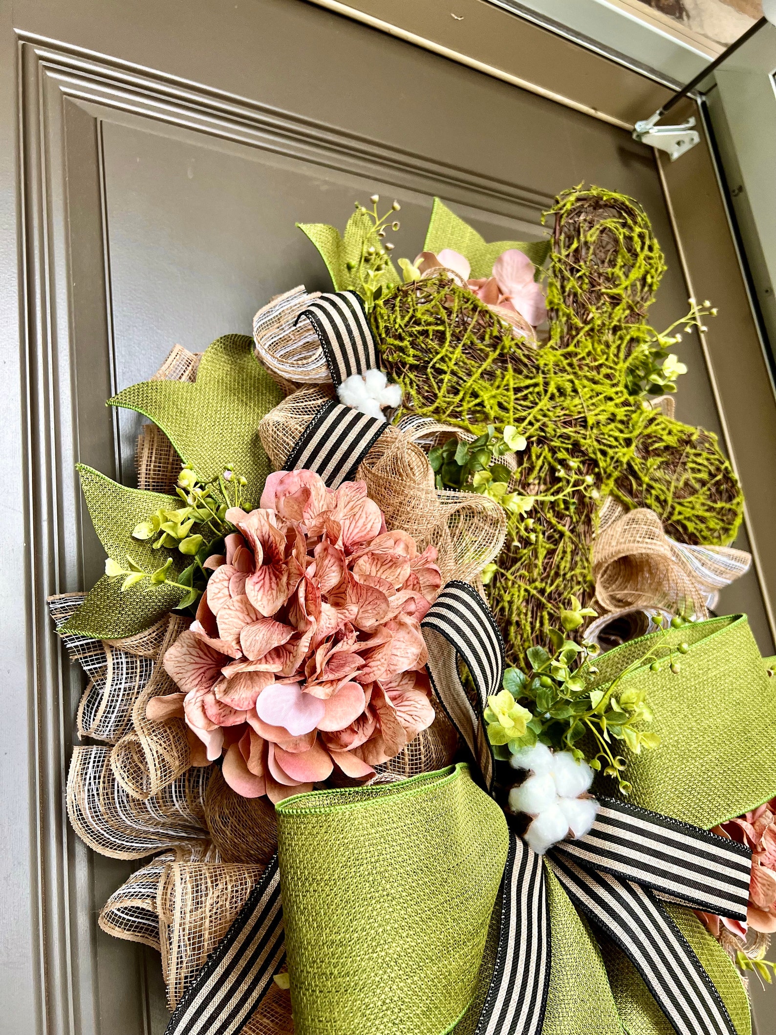 Farmhouse Spring Wreath With Moss Cross, Hydrangeas & Burlap - Etsy