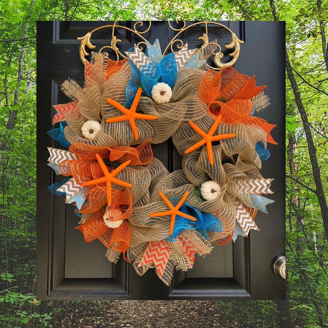 Fall Beach Deco Mesh Wreath - Starfish Wreath - Coastal Fall Decor ...