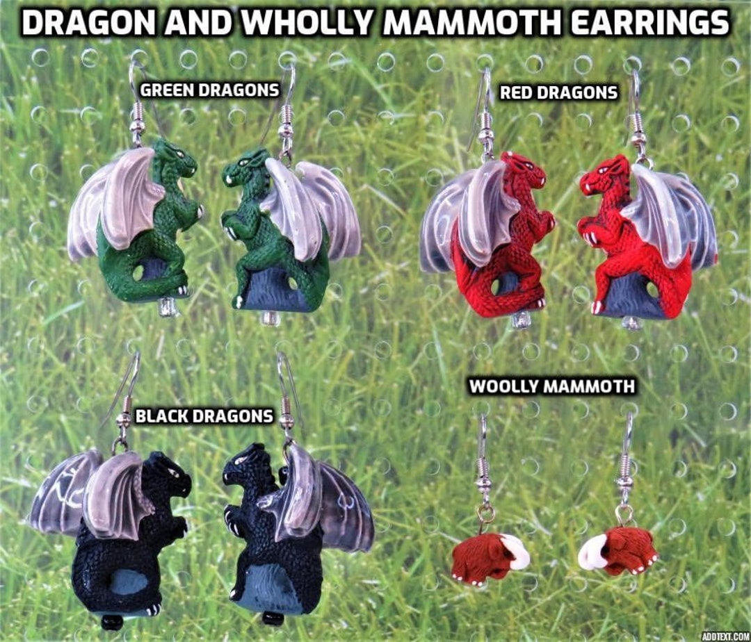 Dragon and Woolly Mammoth Earrings - Green Dragons - Red Dragons ...