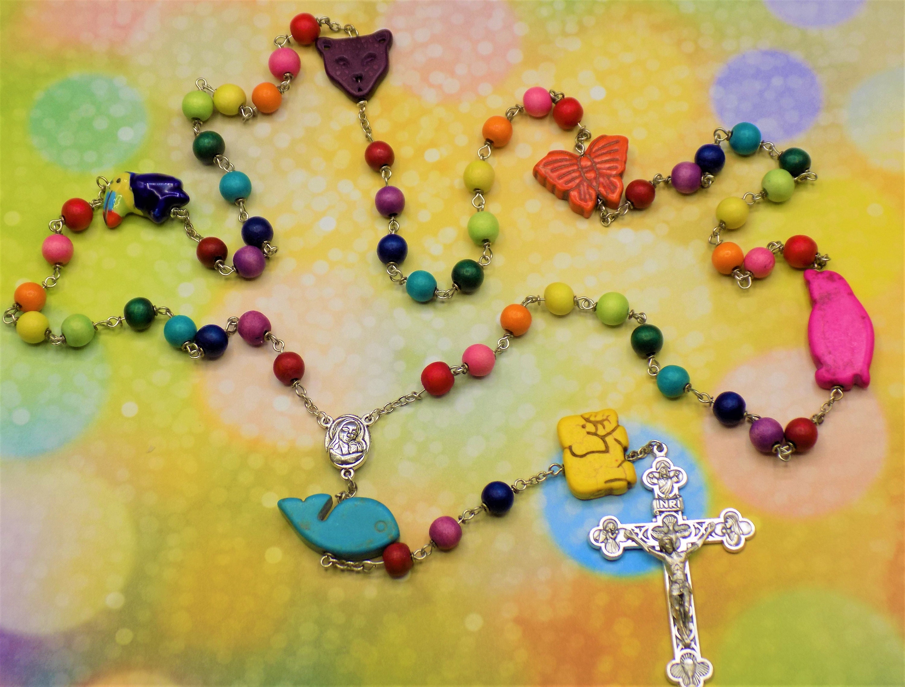 Noah's Ark Rainbow Rosary - Multi-Color Hand-Waxed Cheesewood Beads ...