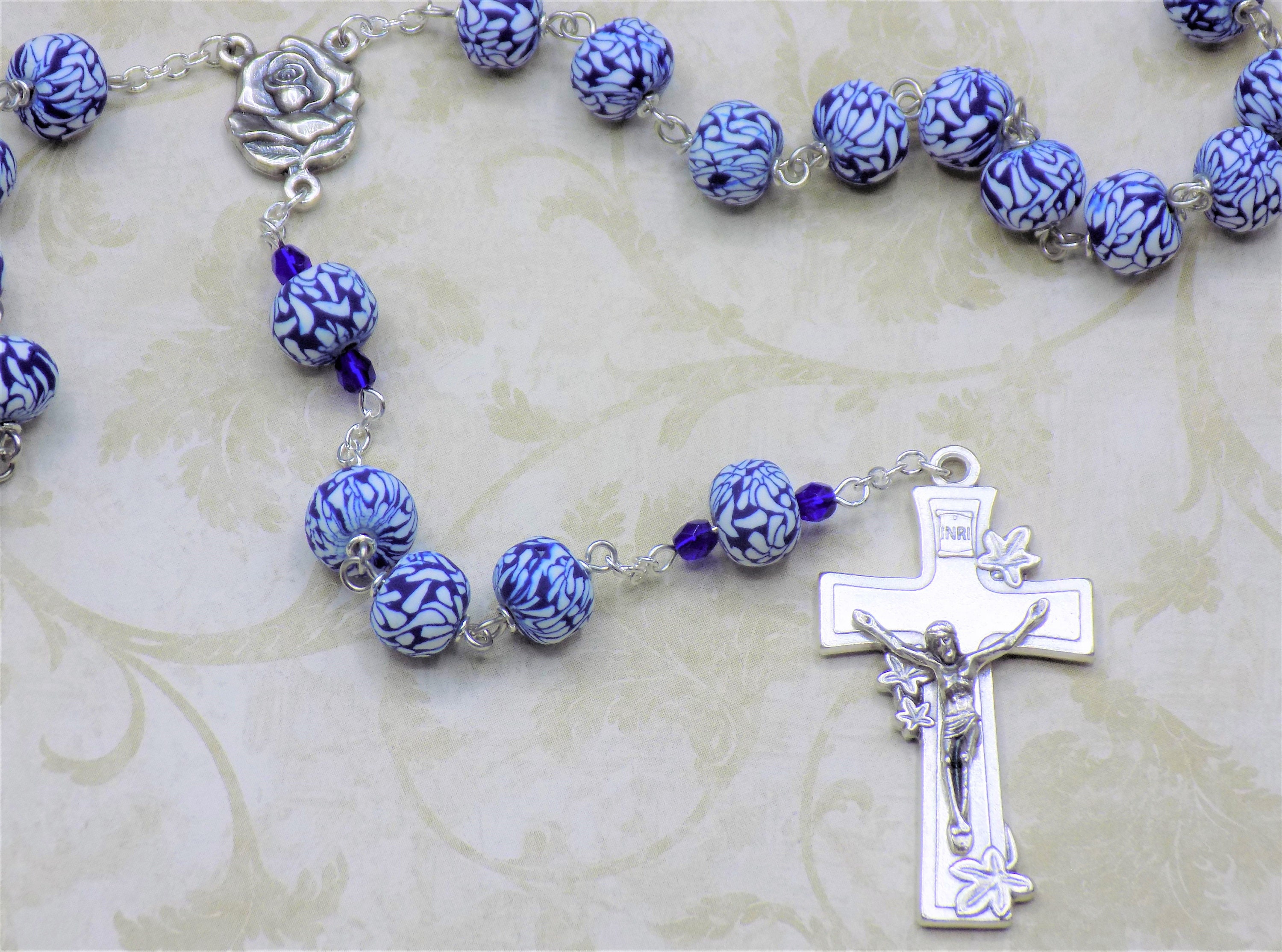 Blue Hawaiian Flower Rosary - Blue & White Hawaiian Flower Polymer Clay ...