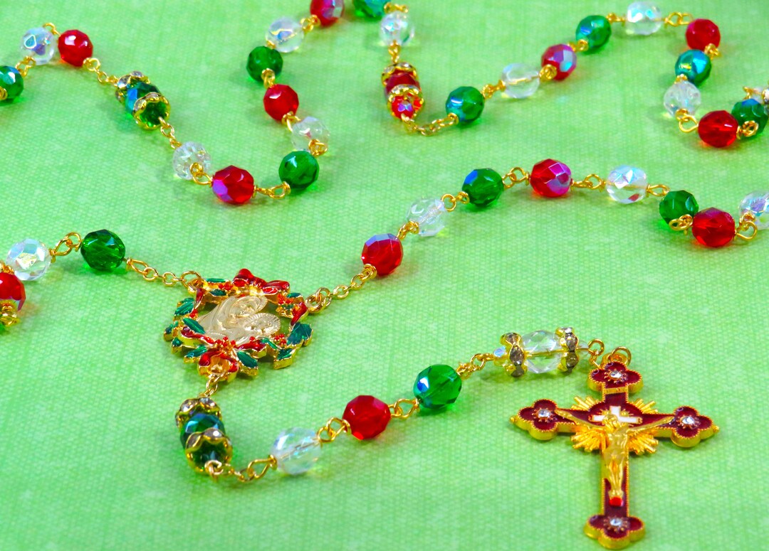 Christmas Rosary Czech Faceted AB Green, Red & Clear Crystal Beads ...