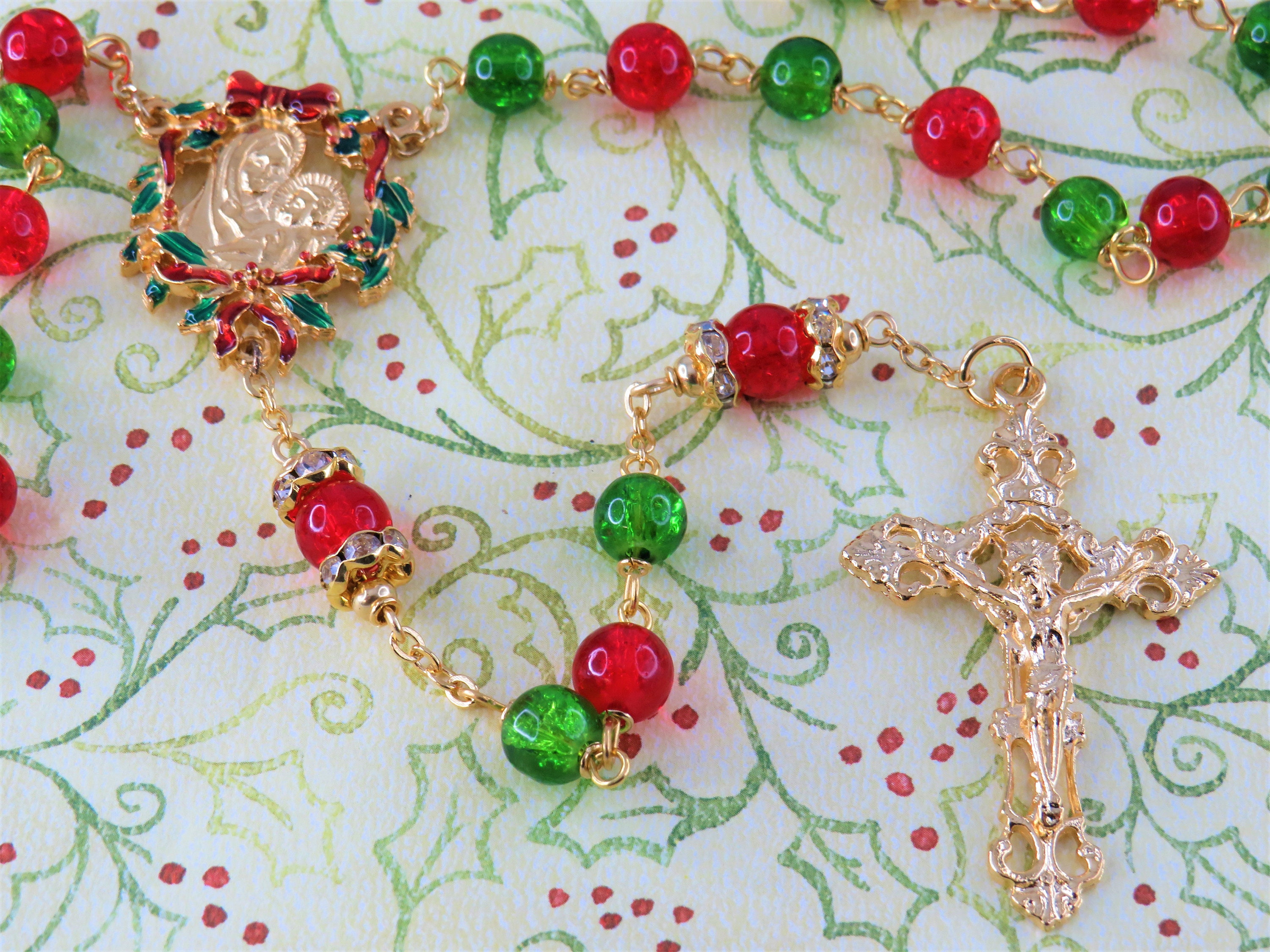 Christmas Rosary - Red and Green Crackle Glass Beads -Austrian ...