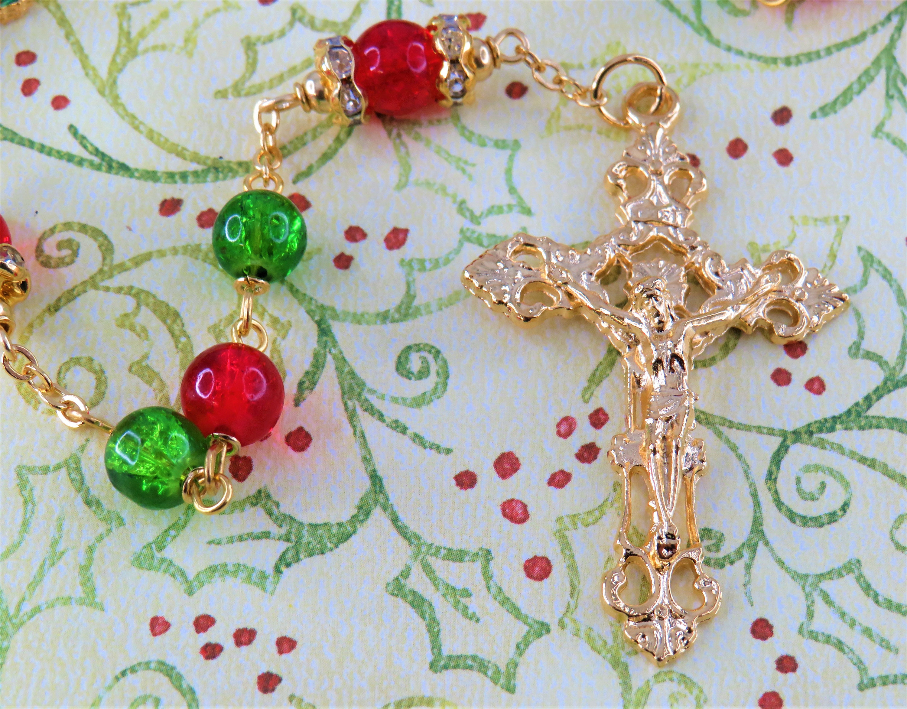 Christmas Rosary - Red and Green Crackle Glass Beads -Austrian ...