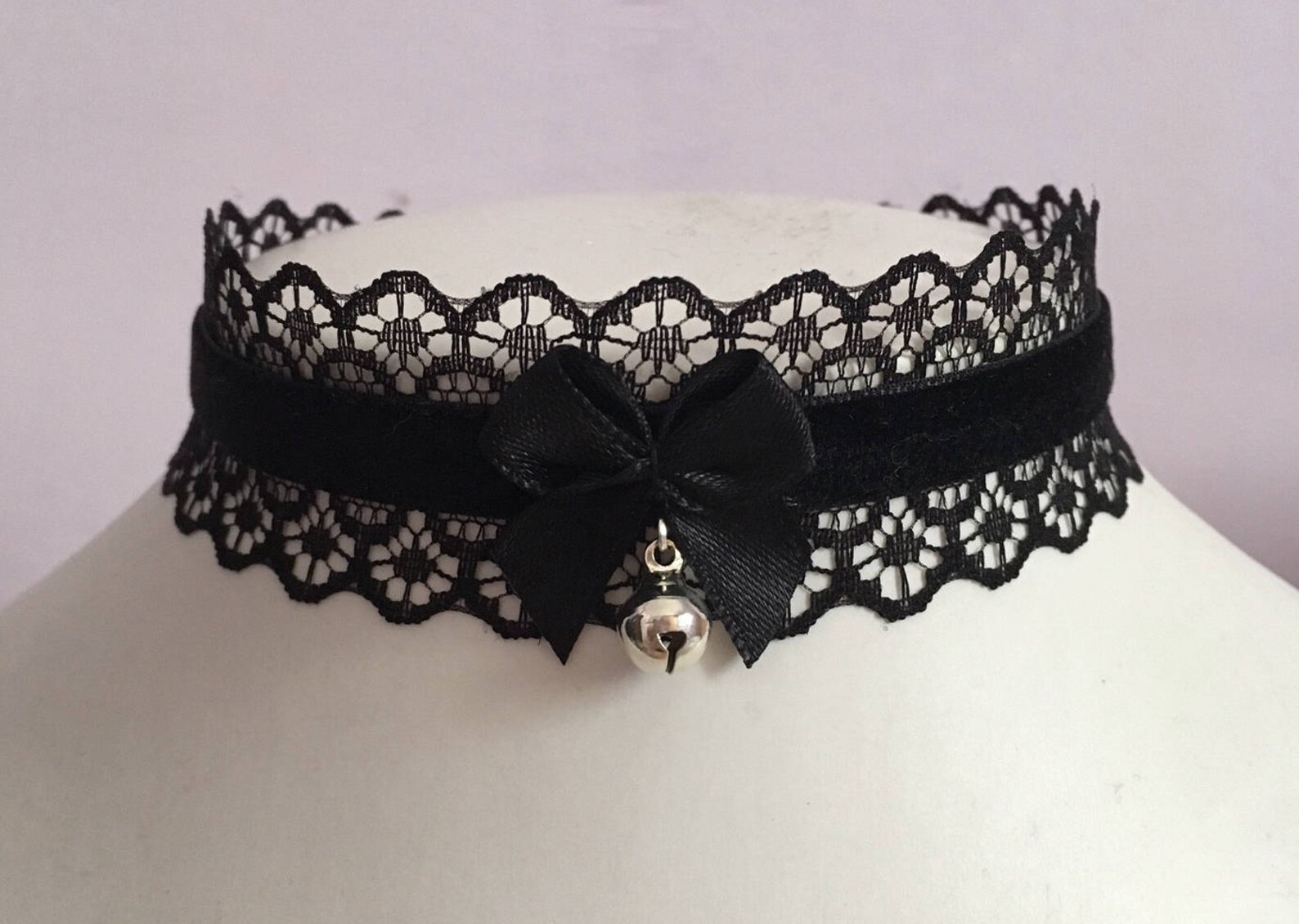 Bell Choker Black Bow Velvet Lace Silver Collar Emo Goth - Etsy