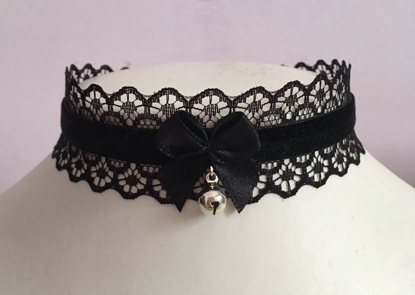 Bell Choker Black Bow Velvet Lace Silver Collar Emo Goth | Etsy