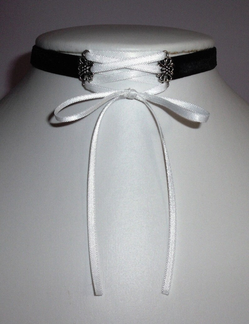 Gothic Choker Corset Necklace Black Velvet White Ribbon Bow Etsy