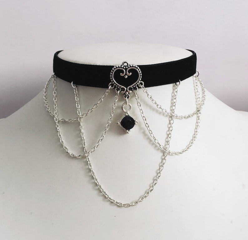 Gothic Choker Black Gem Chains Velvet Necklace Halloween Etsy Australia