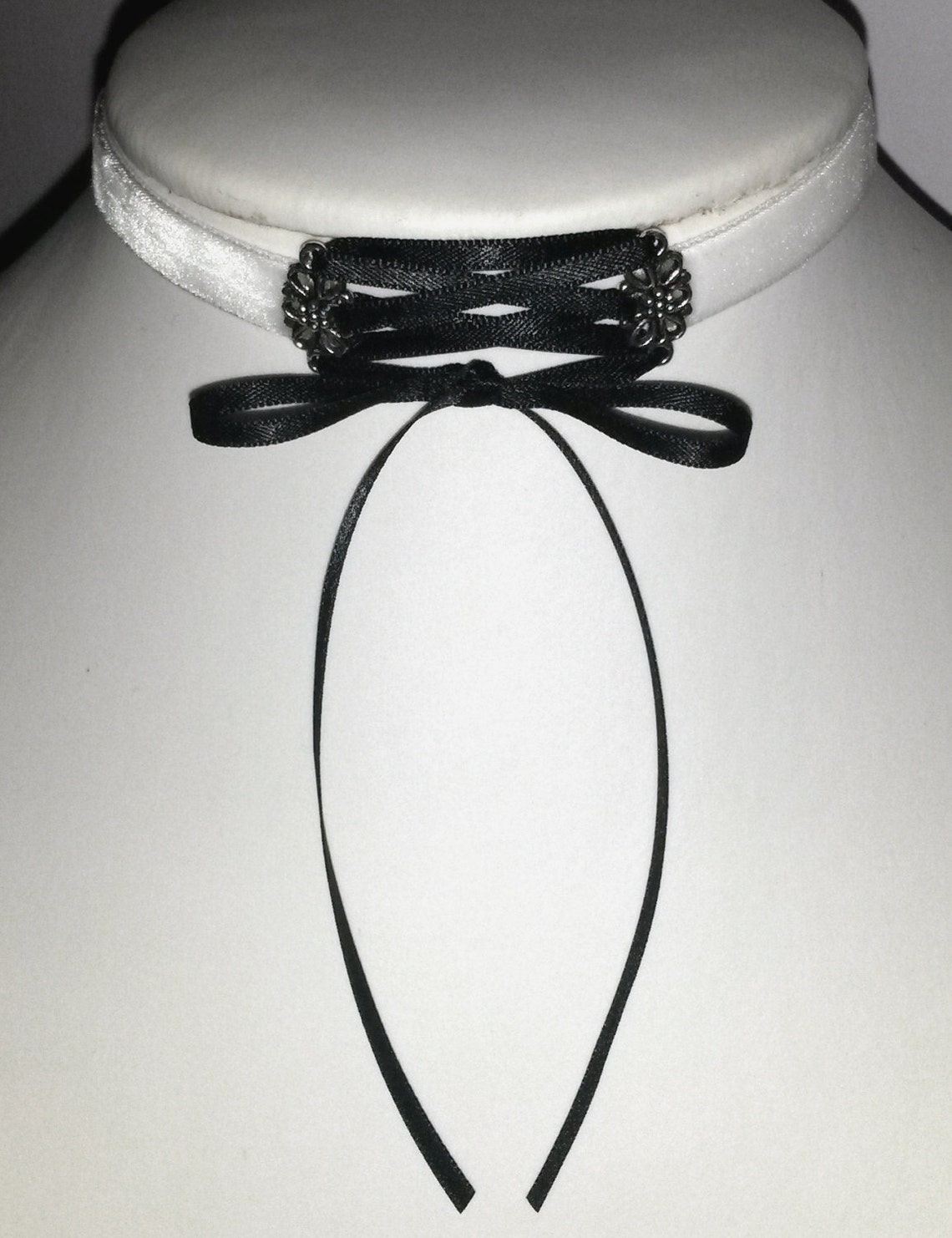 Corset Choker Gothic Necklace White Velvet Black Ribbon Bow Etsy