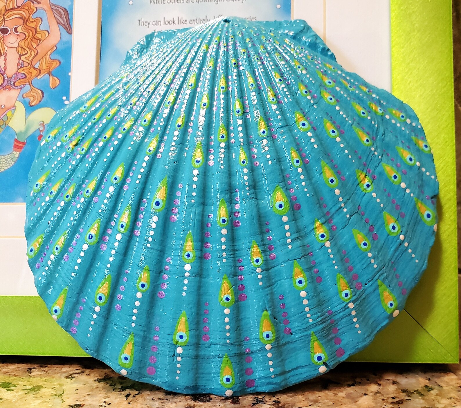 Painted Dot Art Shell, Peacock Inspired Hand Painted Scallop Shell ...