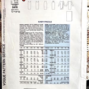 Loose-fitting, Tapered Dress Pattern, UNCUT, Vogue 2478, Size 12-16 ...