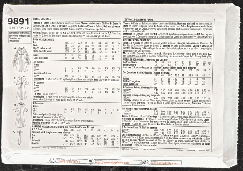 Medieval England Gown Costume Pattern, UNCUT, Simplicity 9891, Size ...