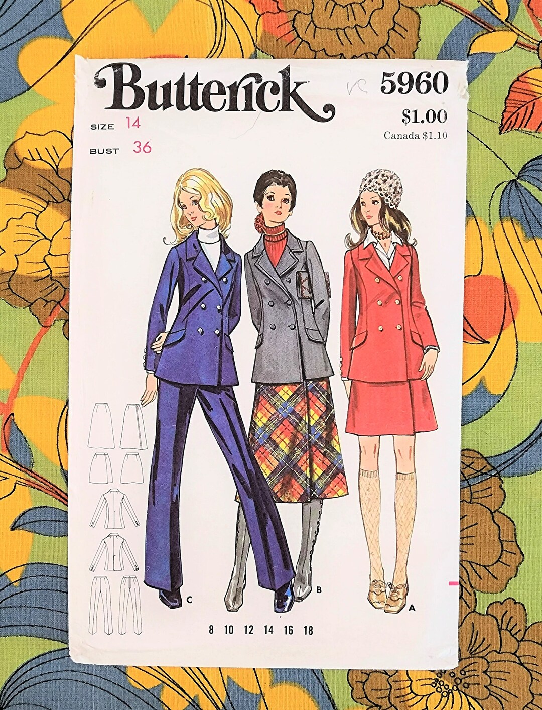 70's Suit Pattern, UNCUT, Butterick 5960. Size 14, Suit Pattern: Double ...