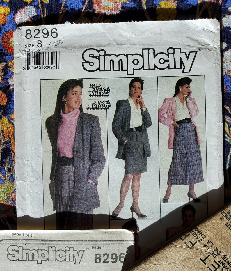 80s Suit Pattern UNCUT Simplicity 8296 Size 8 Jacket Skirt - Etsy