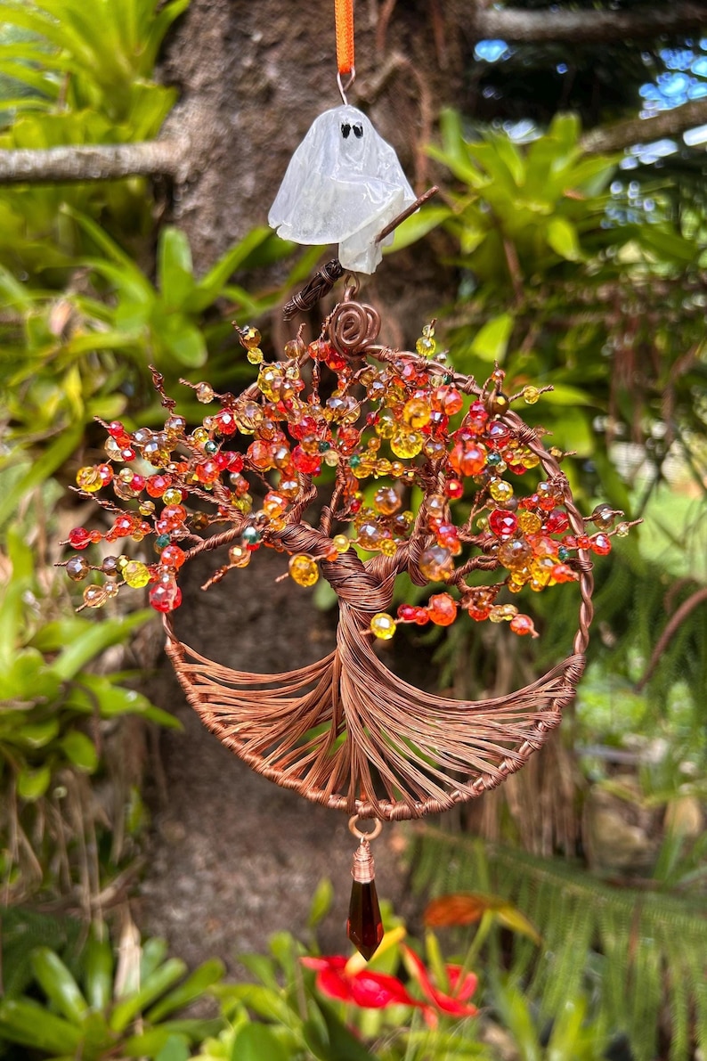 Crystal 3D Tree of Life Suncatcher, Crystal Beads, Copper Sculpture ...