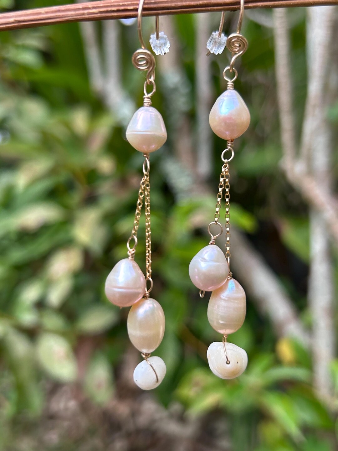 Puka Shell and Pearls Earrings, Sea Shell Dangles, Kauai Jewelry, Gold ...