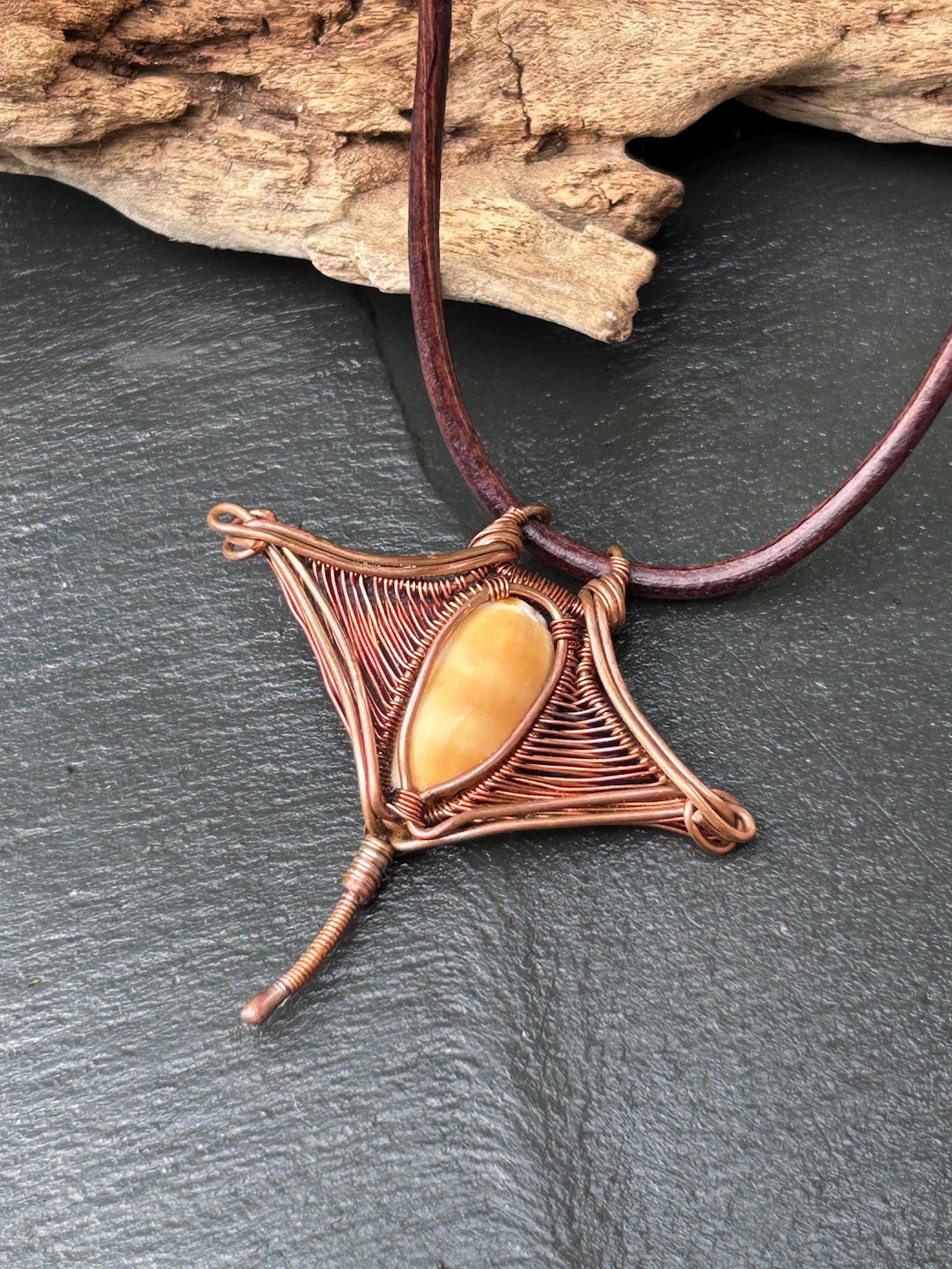 Wire Wrapped Cowrie Shell Manta Ray Copper Necklace, Upcycled Metal ...