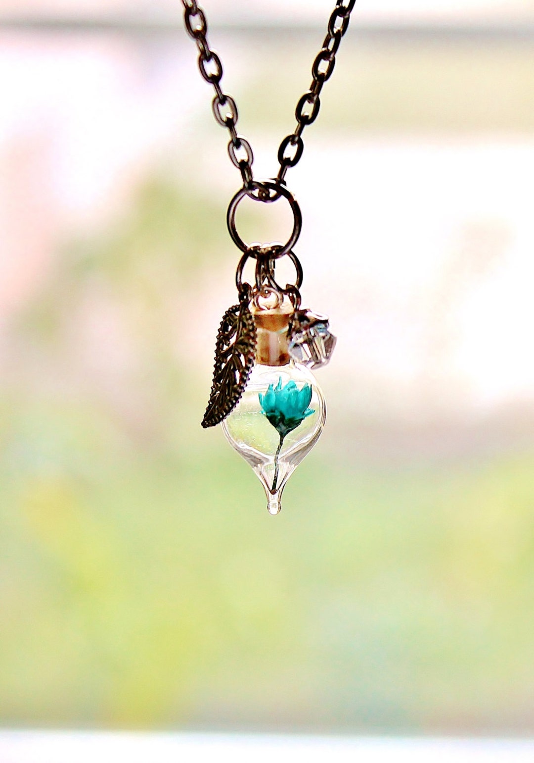 Teardrop Terrarium Necklace: Dried Teal Flower, Crystal Charm, Fairy ...