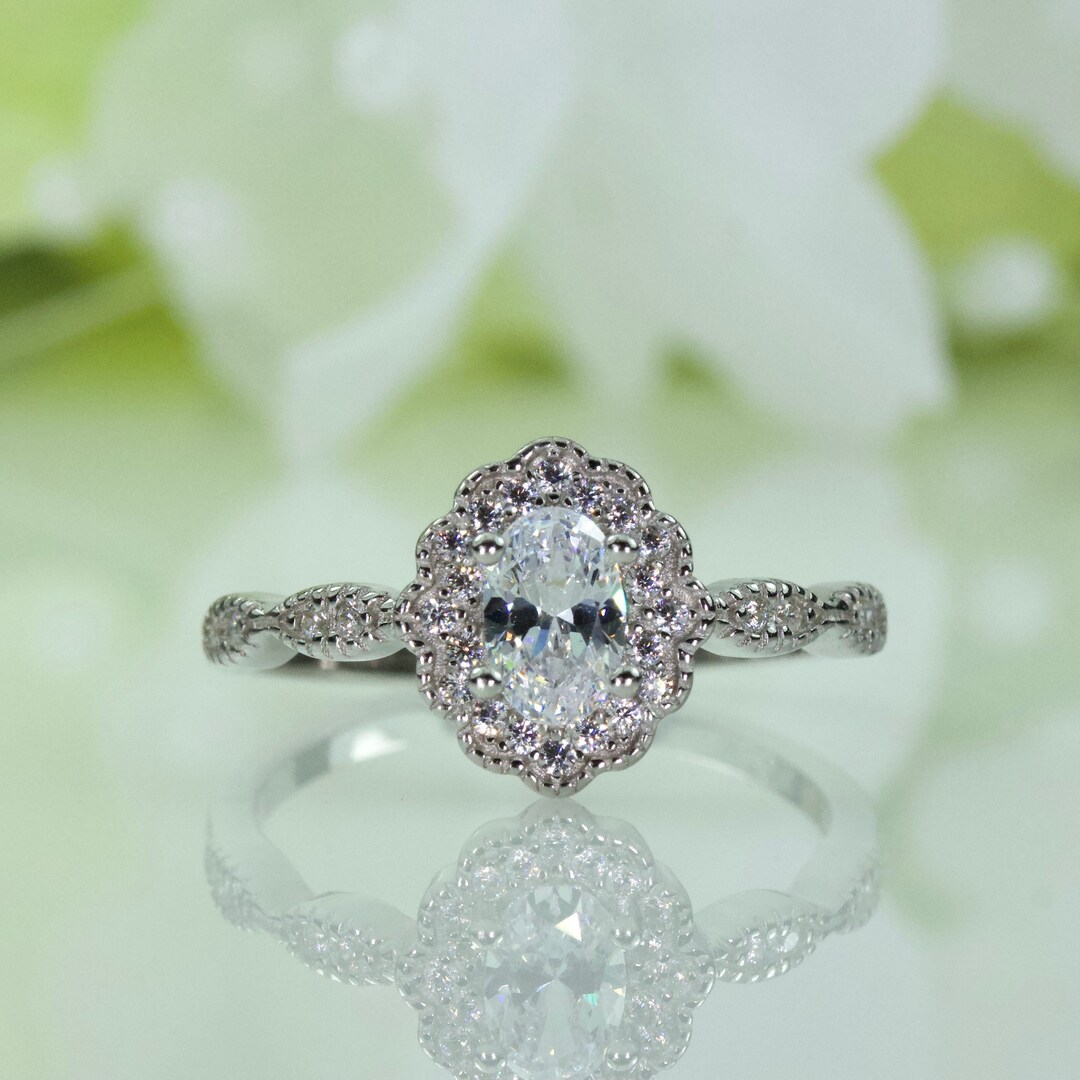 Victorian Style Oval 0.50 Ct Cubic Zirconia Engagement Ring in Sterling ...