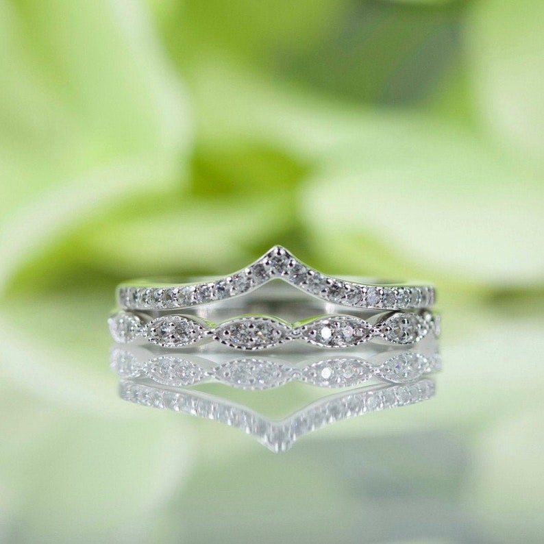Chevron V-shaped & Micropavé Art Deco Stackable Wedding Bands Set Cubic ...