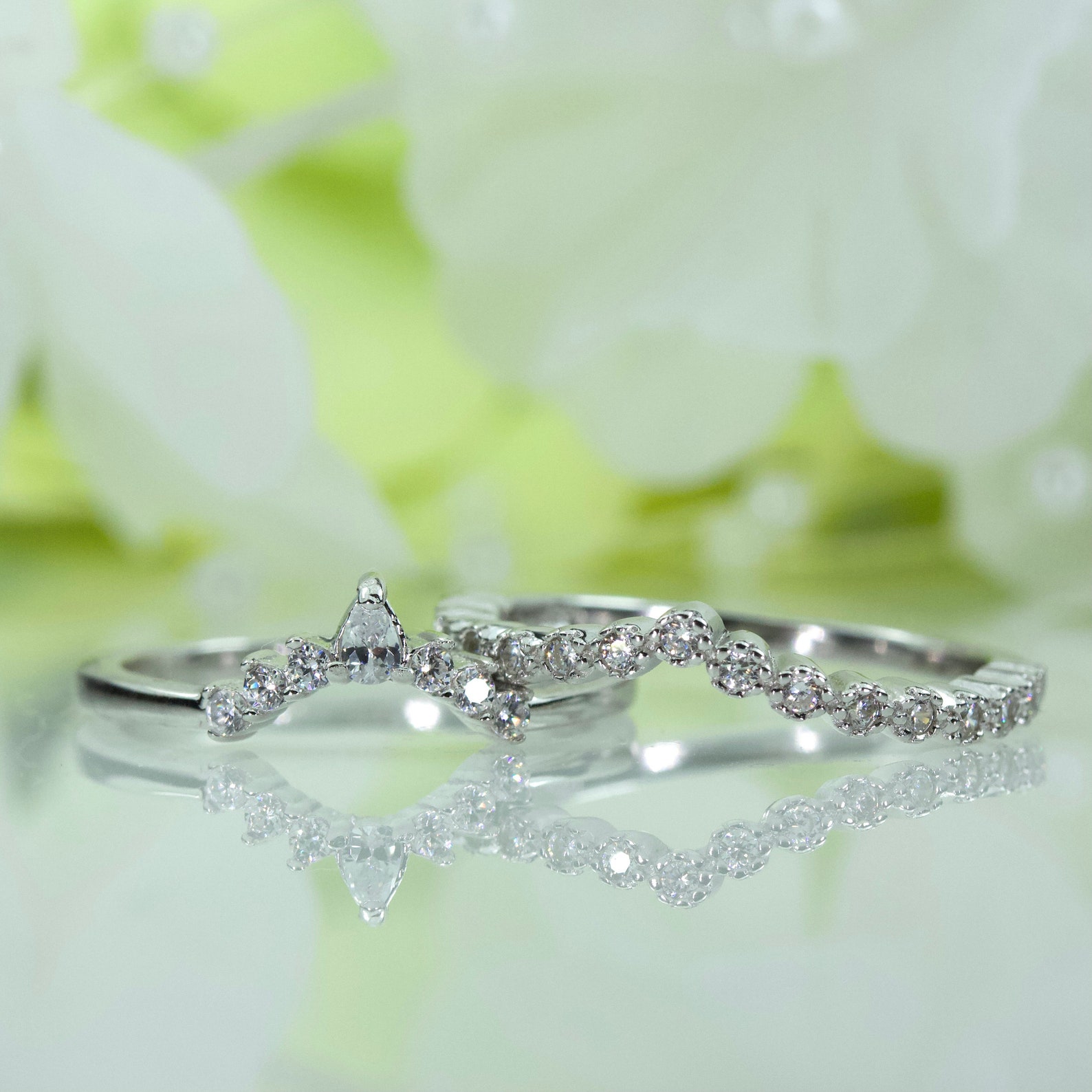 Stackable Chevron Double Row Wedding Band Set Fine Cubic | Etsy