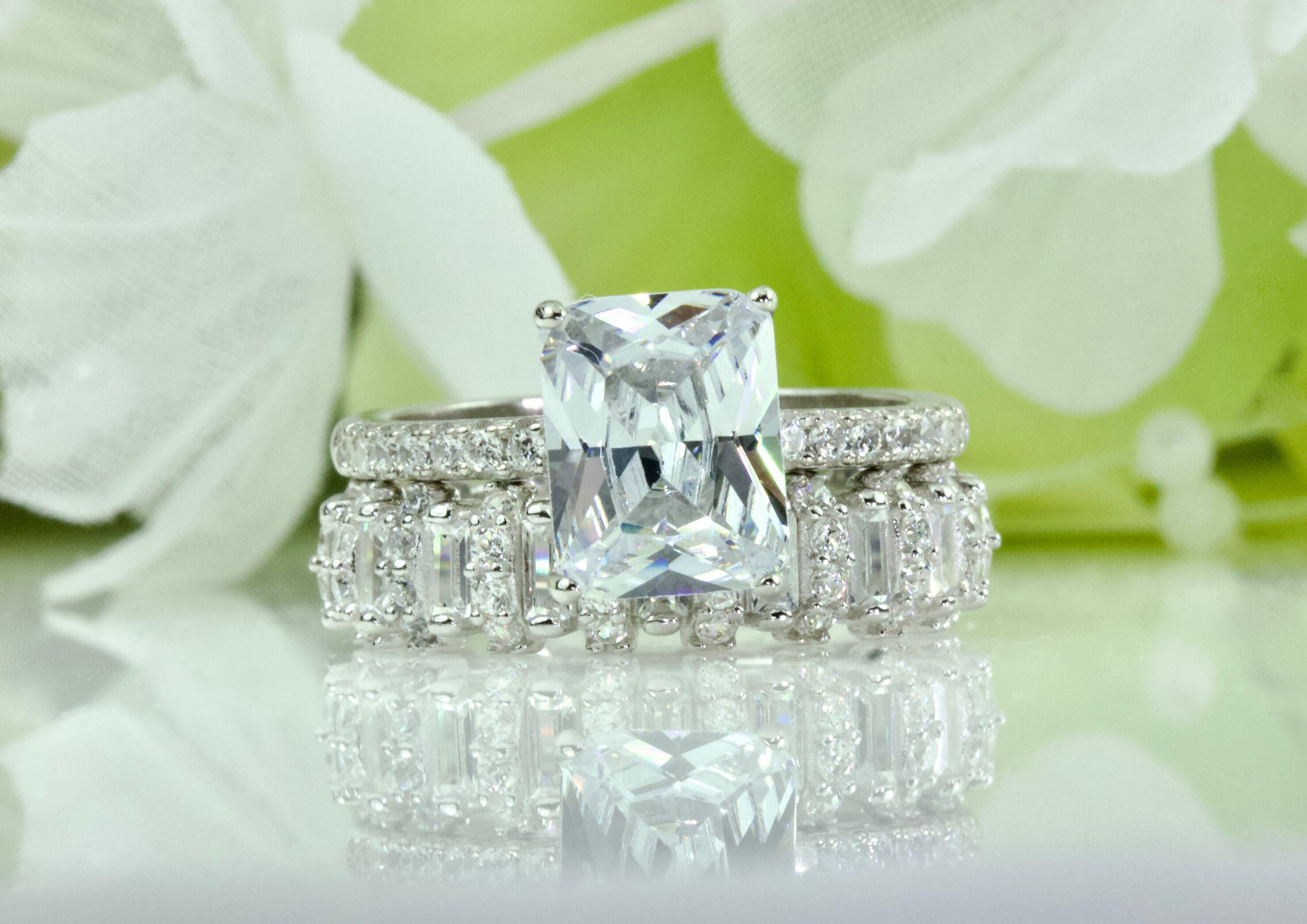 2.00 Ct. Radiant Cut Emerald And Round Eternity Band Cubic Zirconia In Sterling Silver Wedding Ring Travel Ring Promise Ring 101 168