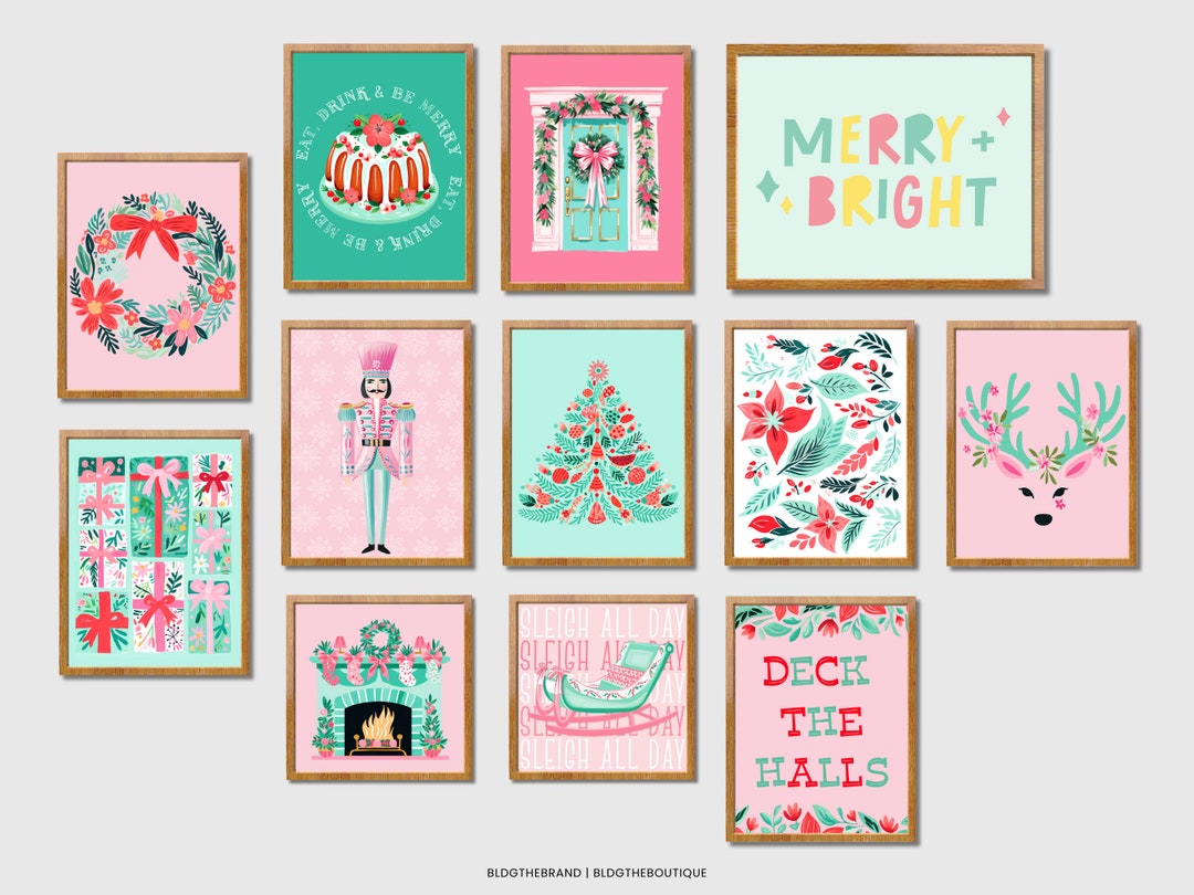 Preppy Pink Christmas Printable Wall Art, Holiday Decor, Pastel ...
