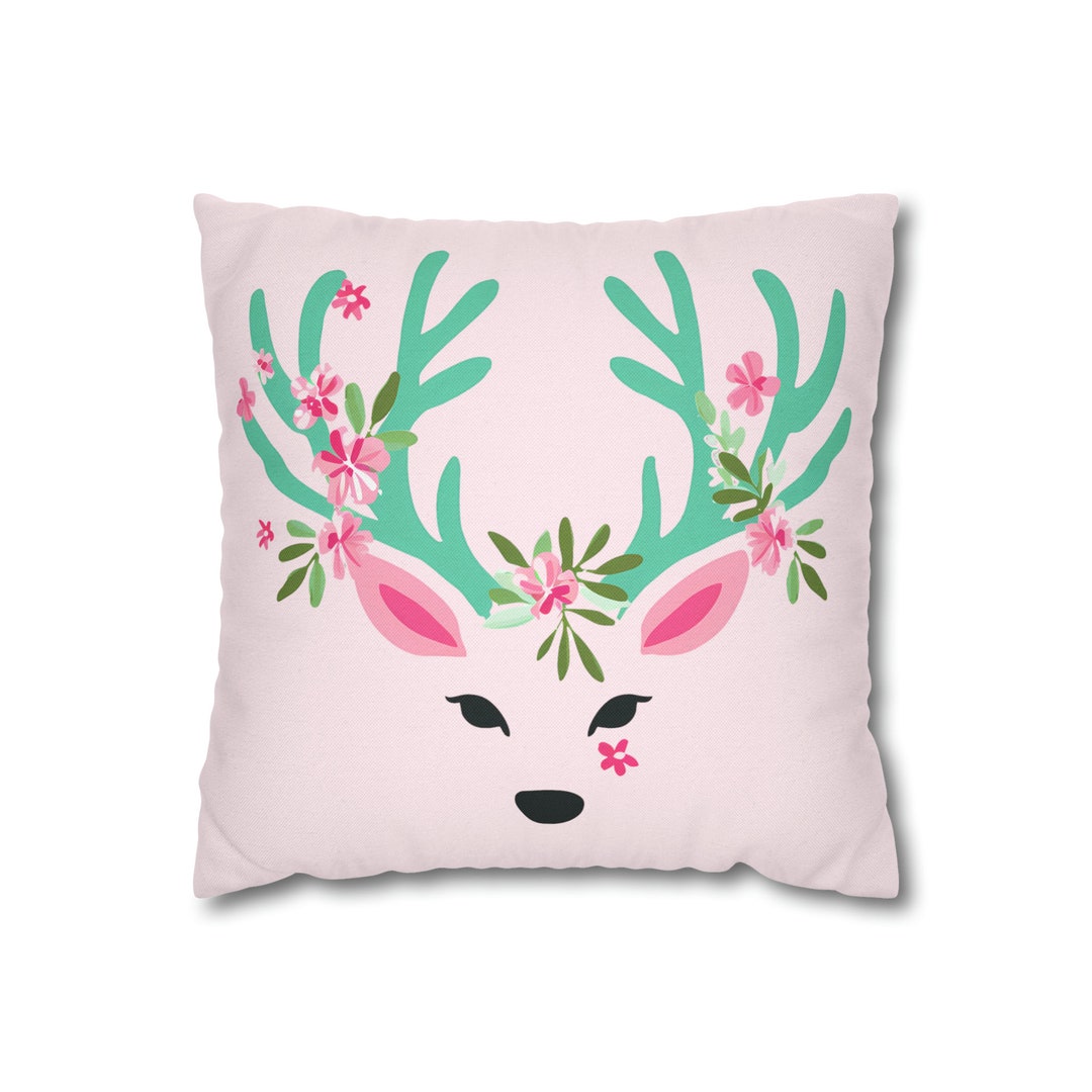 Preppy Pink Christmas Reindeer Pillow Case, 18x18 Christmas Pillow ...