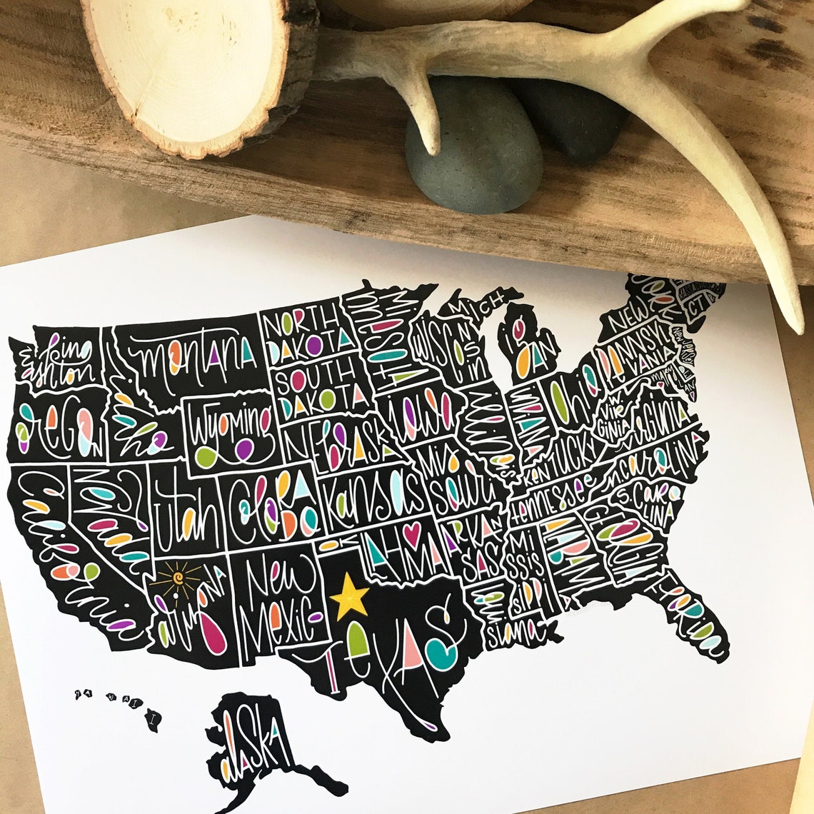PRINTABLE United States Map DIGITAL Art Folk Art Hand | Etsy