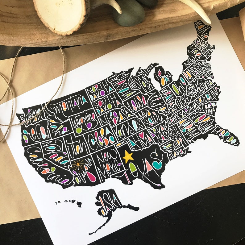 PRINTABLE United States Map DIGITAL Art Folk Art Hand | Etsy