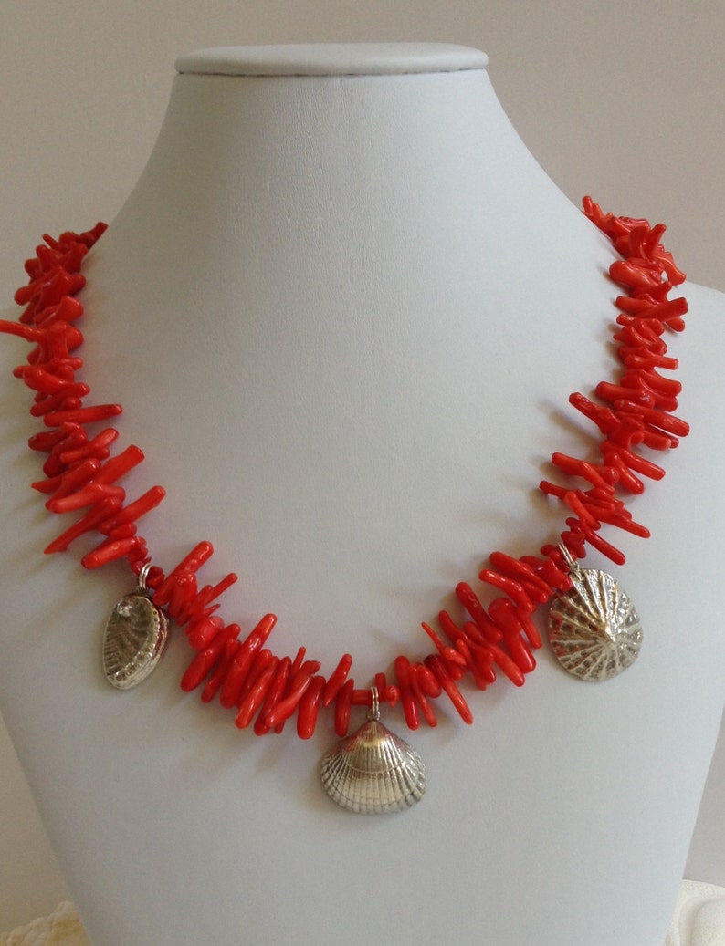 Red Coral Necklace With Sterling Silver Sea Shells - Etsy