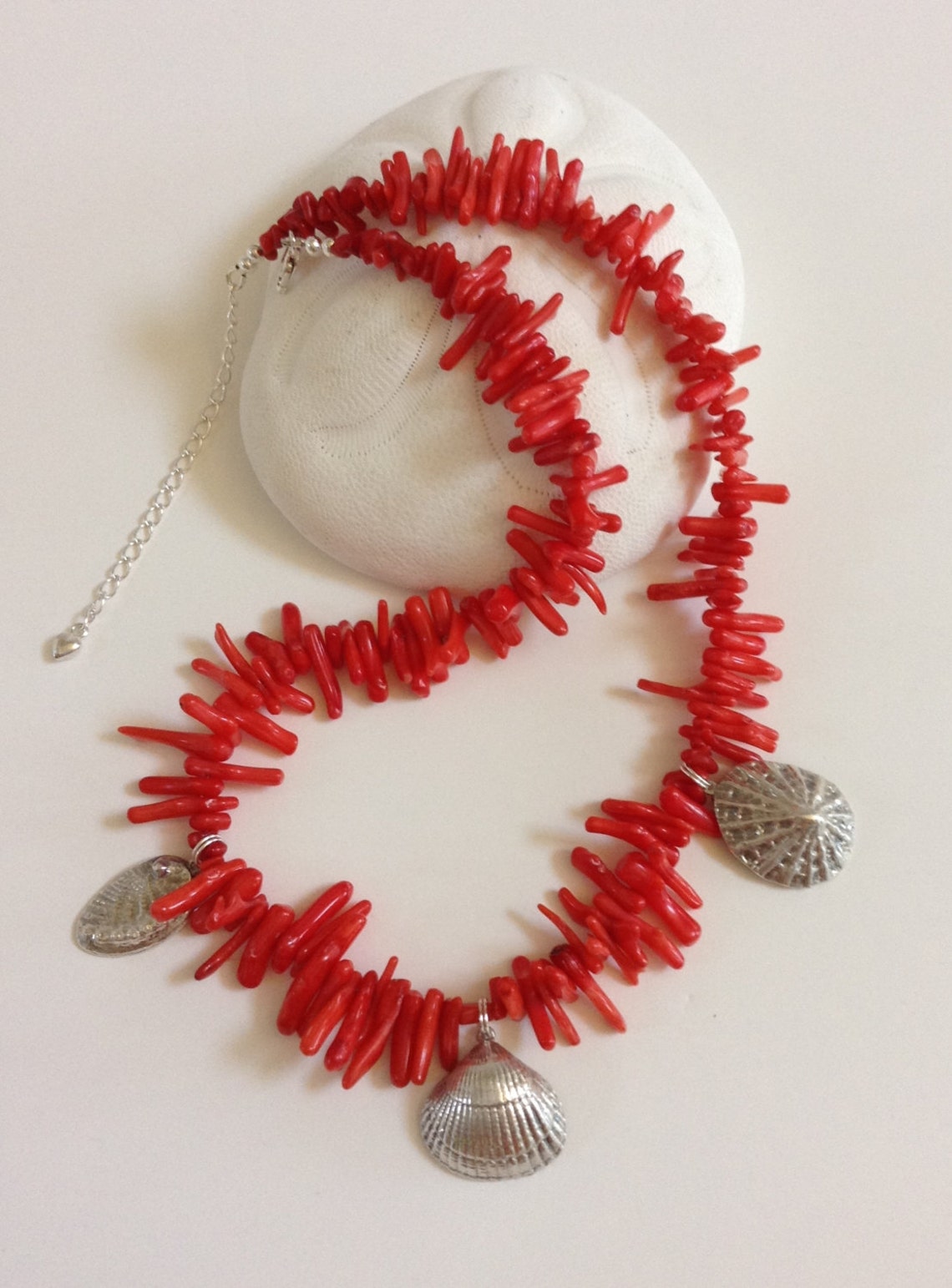 Red Coral Necklace With Sterling Silver Sea Shells - Etsy