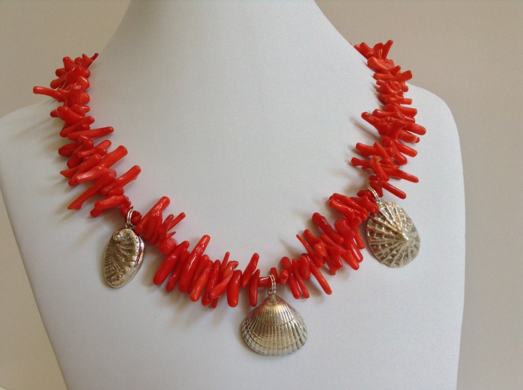 Red Coral Necklace With Sterling Silver Sea Shells - Etsy