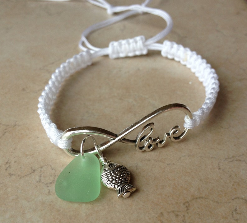 White Macramé Bracelet With Aqua Green Sea Glass, Love Infinity ...