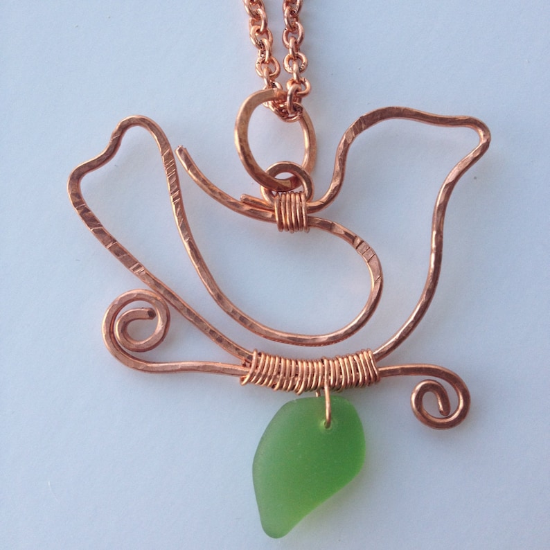 Wire Wrapped Copper Bird on a Limb Necklace With Green Sea - Etsy