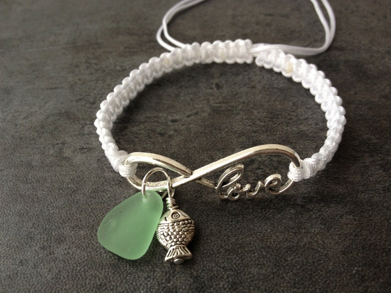 White Macramé Bracelet With Aqua Green Sea Glass, Love Infinity ...