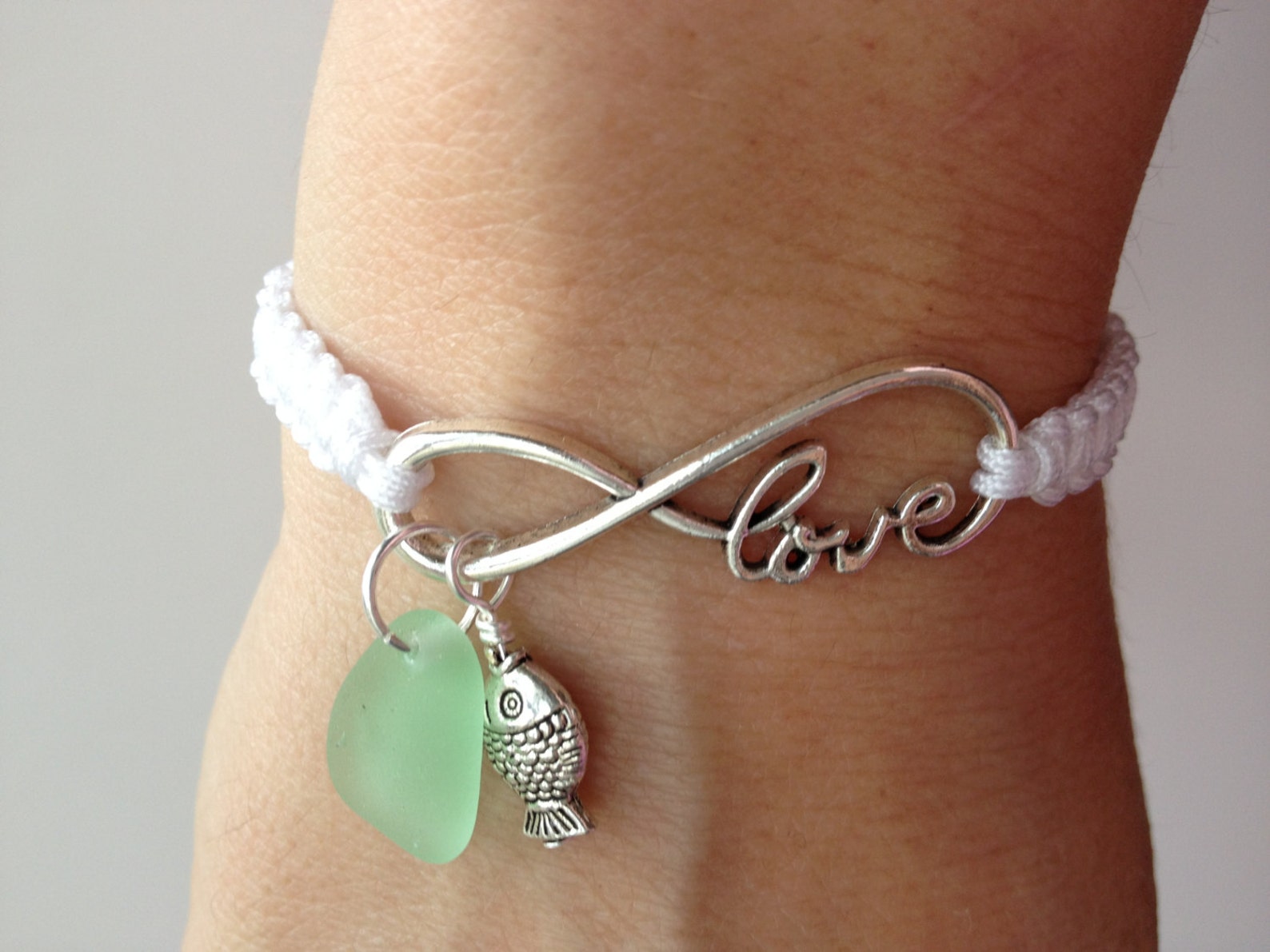 White Macramé Bracelet With Aqua Green Sea Glass, Love Infinity ...