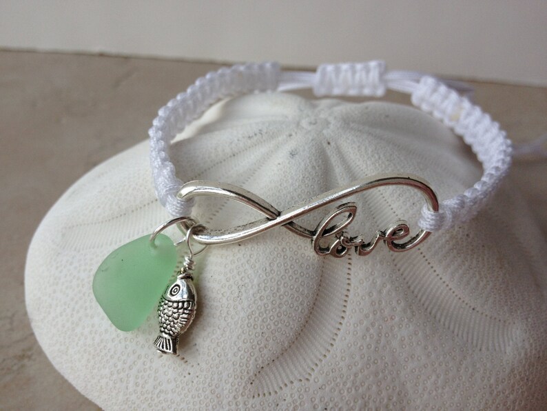 White Macramé Bracelet With Aqua Green Sea Glass, Love Infinity ...