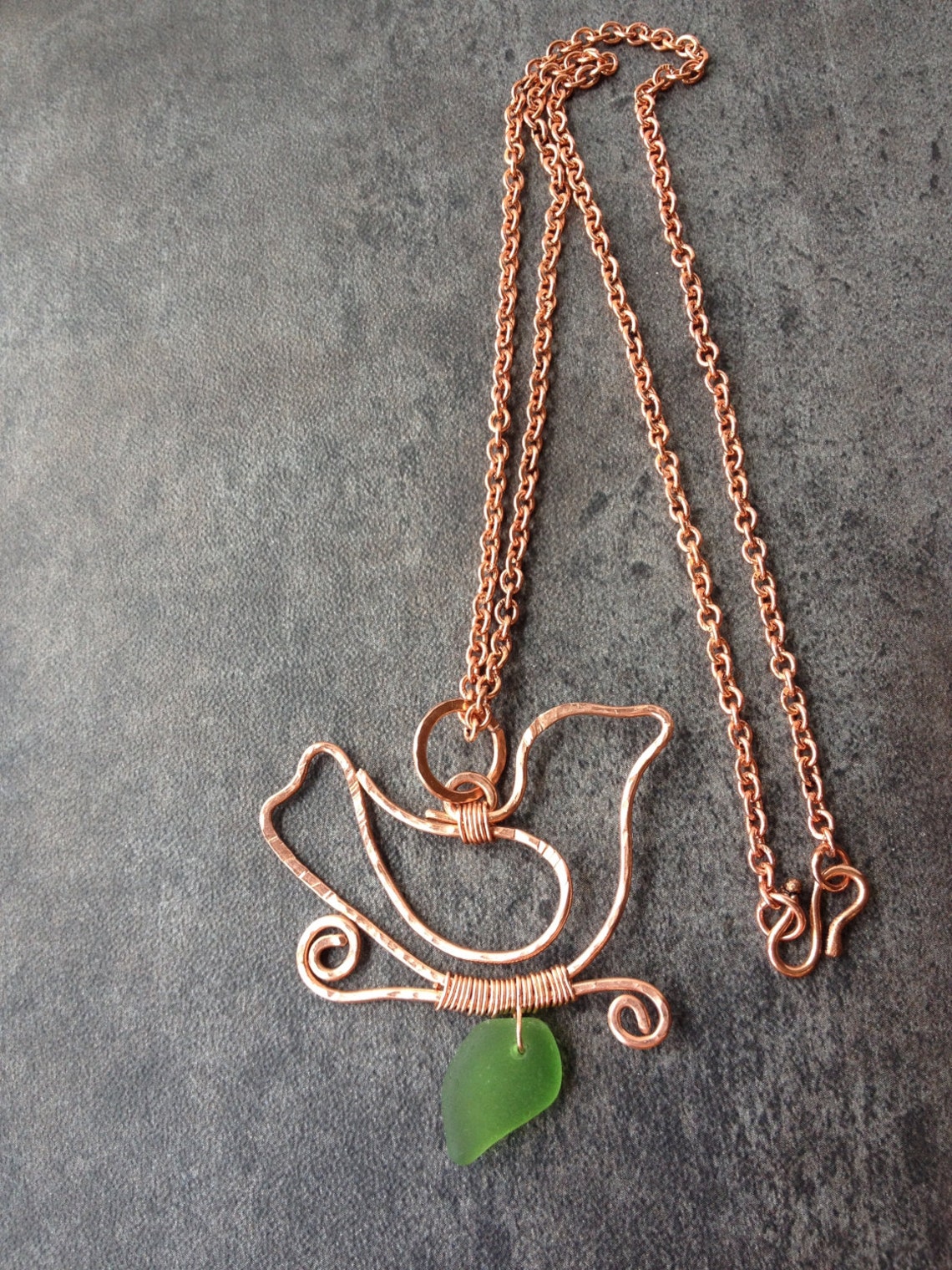 Wire Wrapped Copper Bird on a Limb Necklace With Green Sea - Etsy