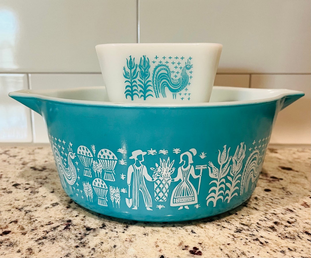 Vintage Pyrex #475-B & 501-B Turquoise Amish Butterprint Casserole and ...