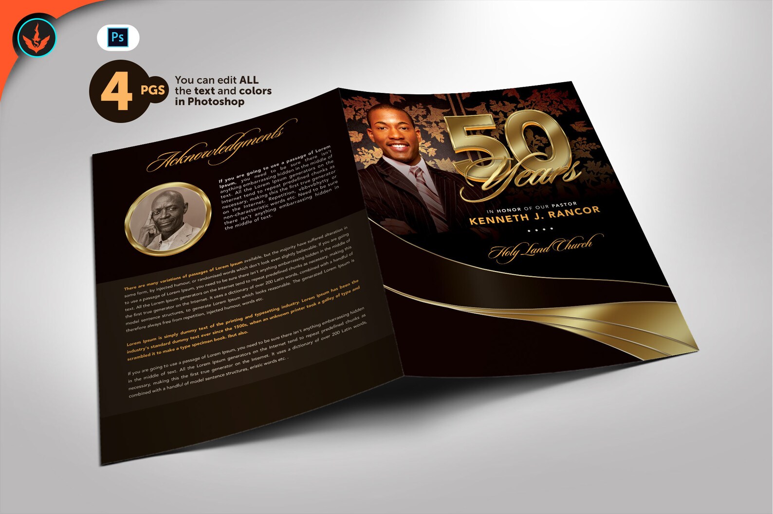 Black and Gold Pastor Anniversary Church Program Photoshop Template 8 ...