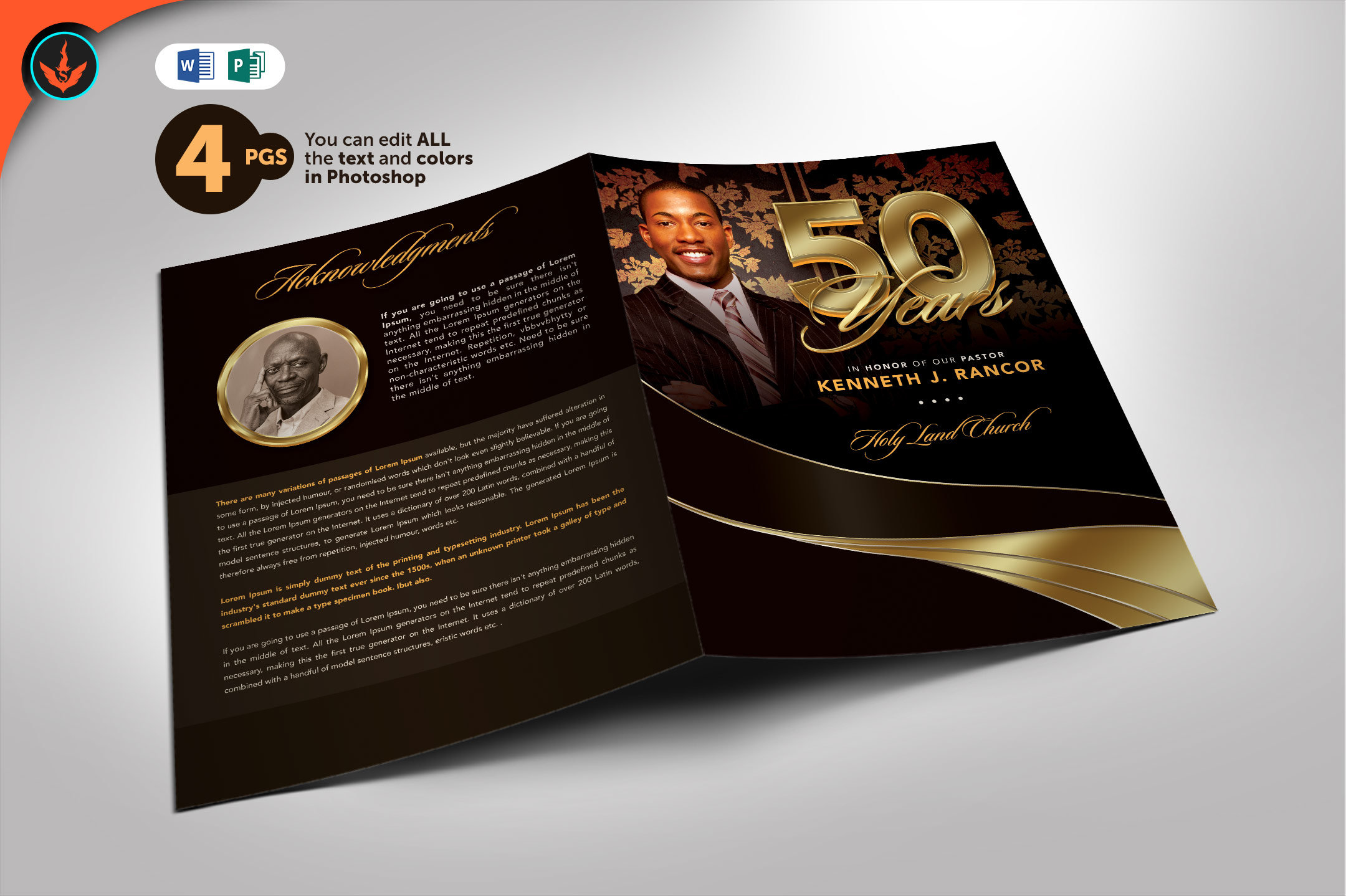 Pastor Anniversary Church Program Template: Black and Gold (digital ...