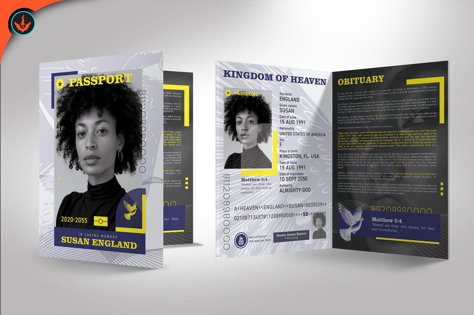 Passport Funeral Program Modern Style Photoshop Template Bi-fold (8 ...
