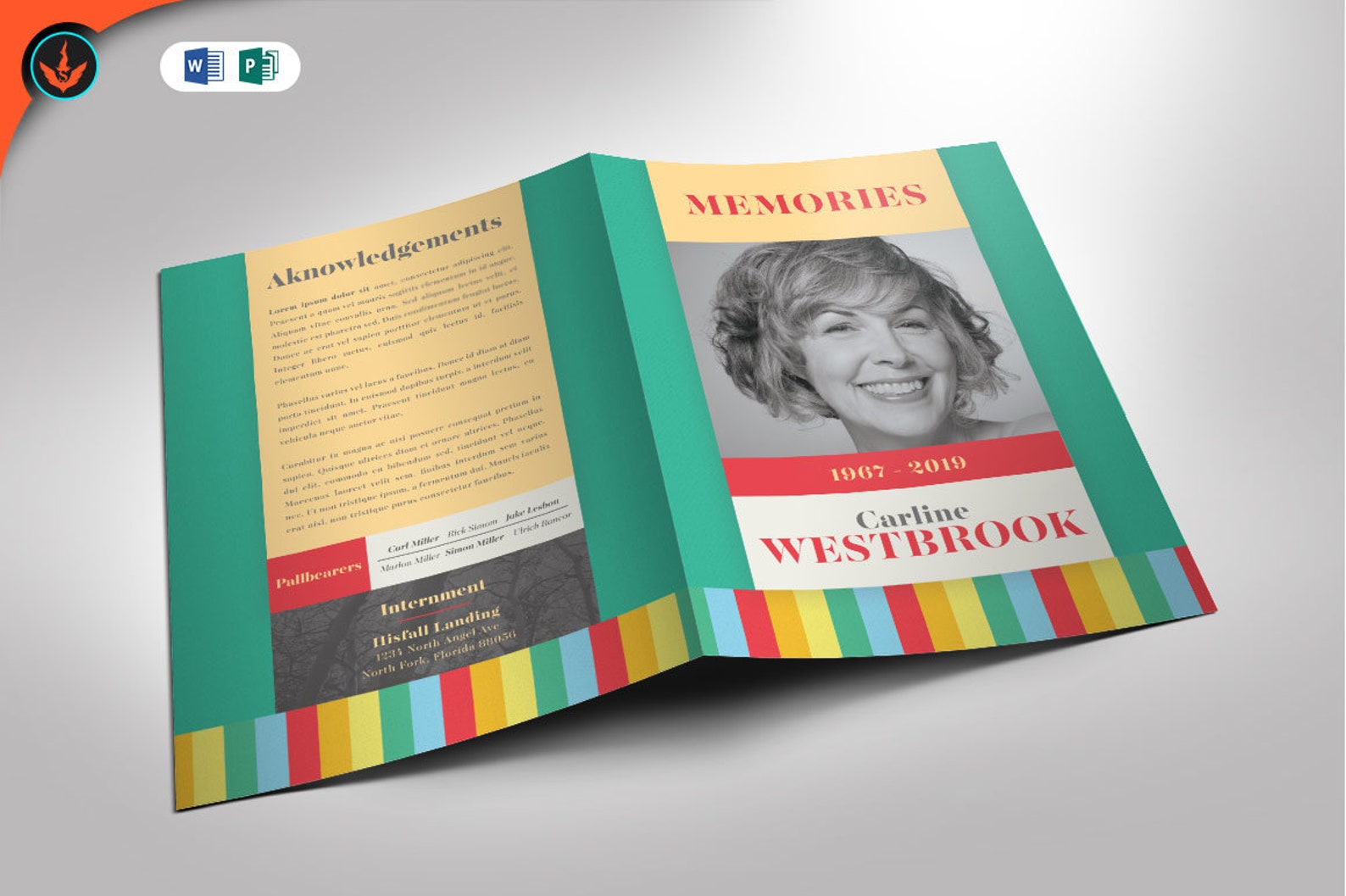 Colorful Funeral Program Publisher and Word Template 4 Pages 8.5x11 and ...