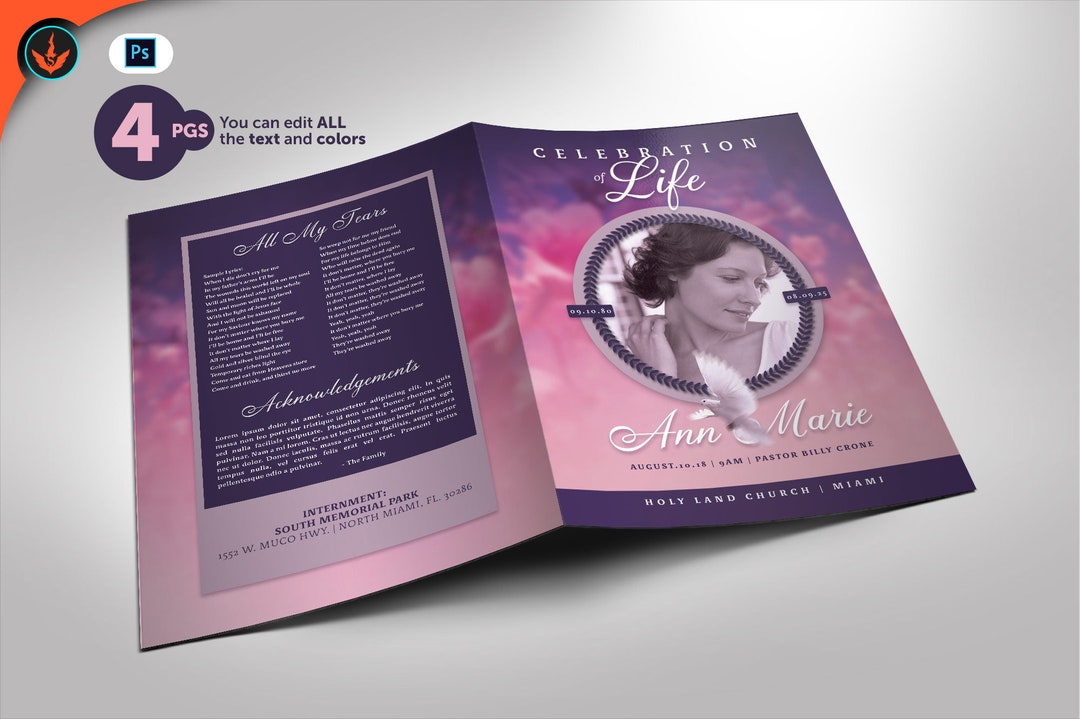Funeral Program PHOTOSHOP Template Lavender and Pink Bi-fold 4 Pages (5 ...
