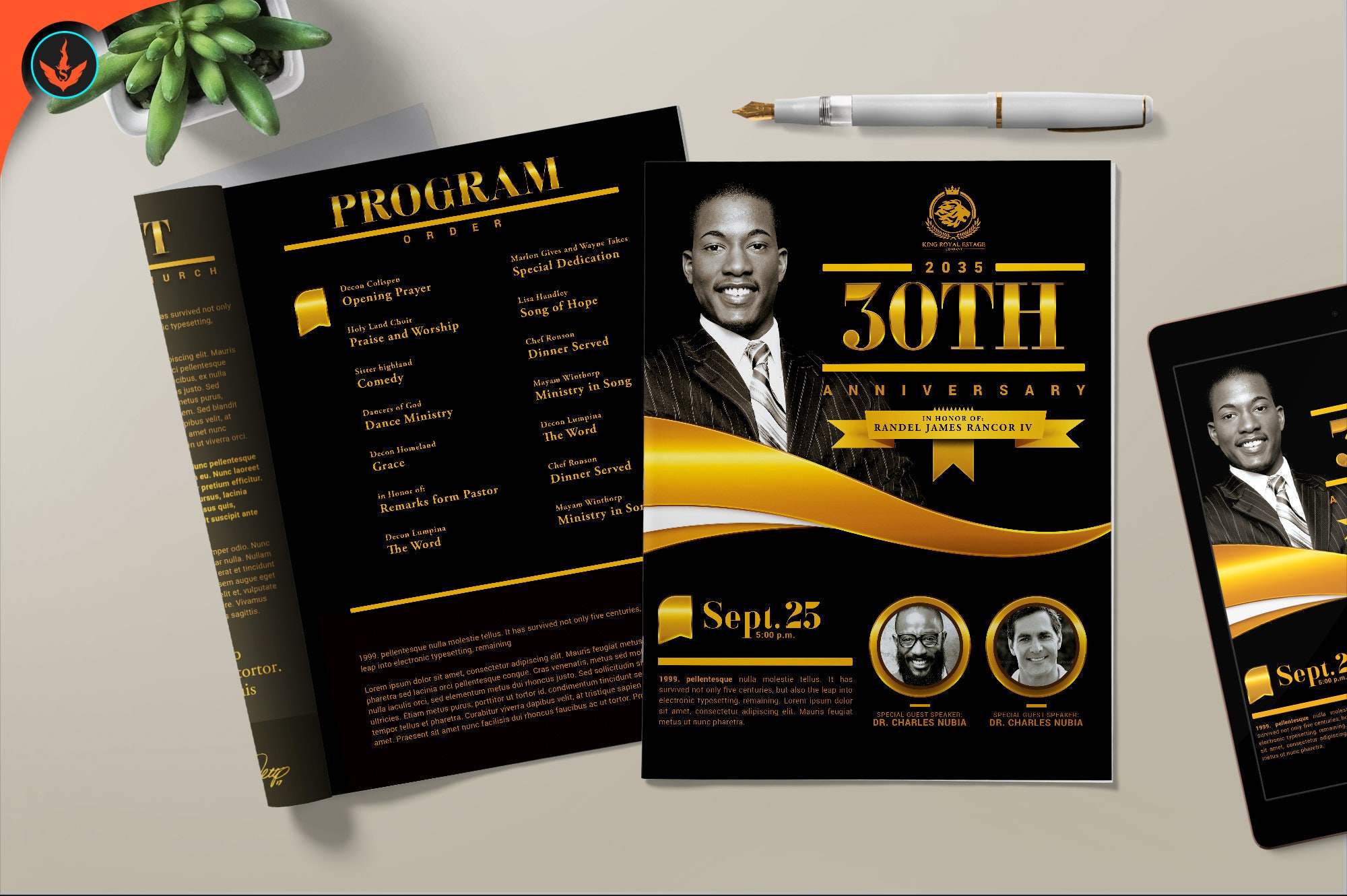 Church Anniversary Program PHOTOSHOP Template Black and Gold Bi-fold 4 ...