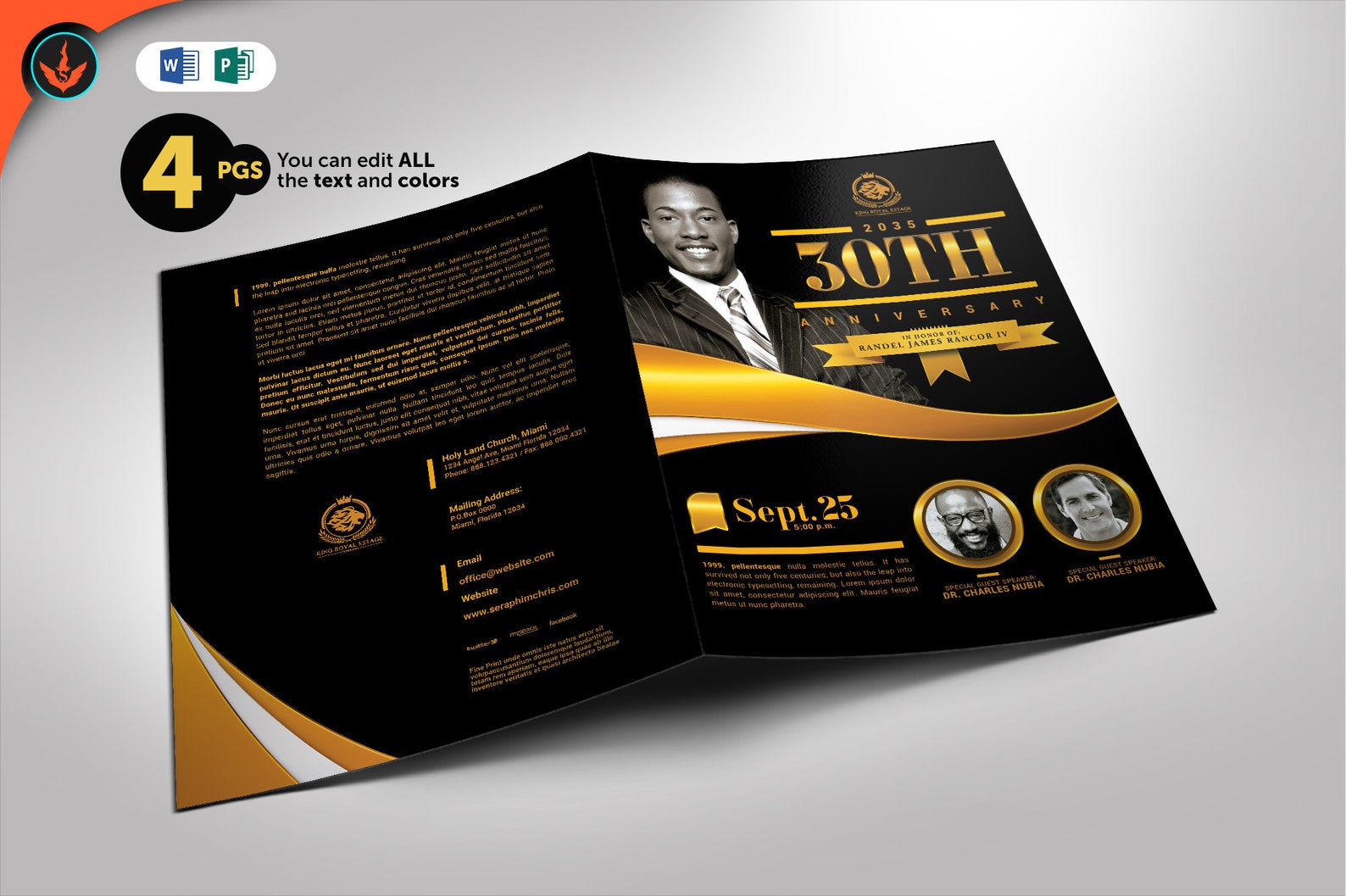 Church Anniversary Program Template: Black and Gold Bi-fold (digital ...
