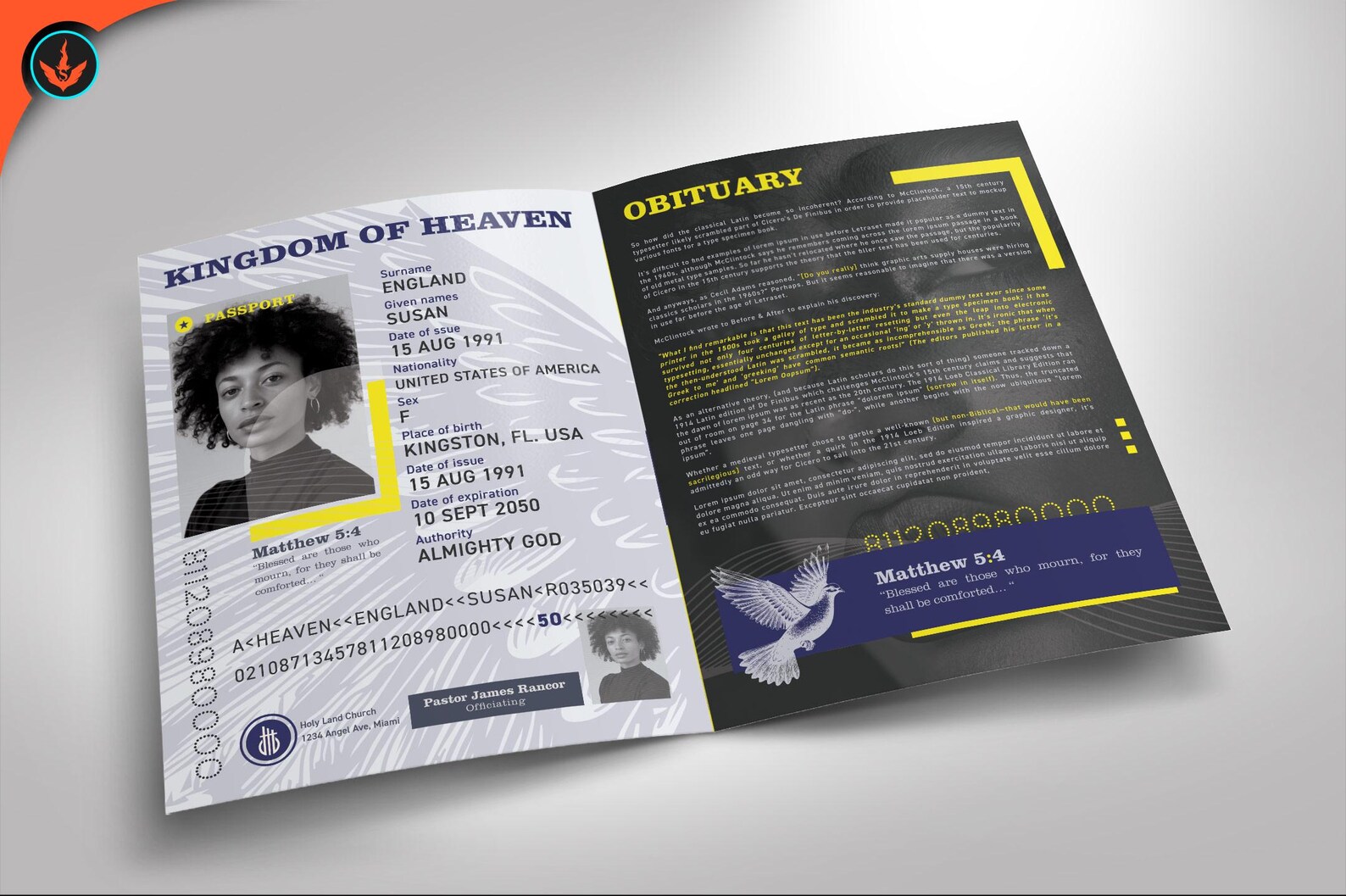 Passport Funeral Program Modern Style Photoshop Template Bi-fold (8 ...