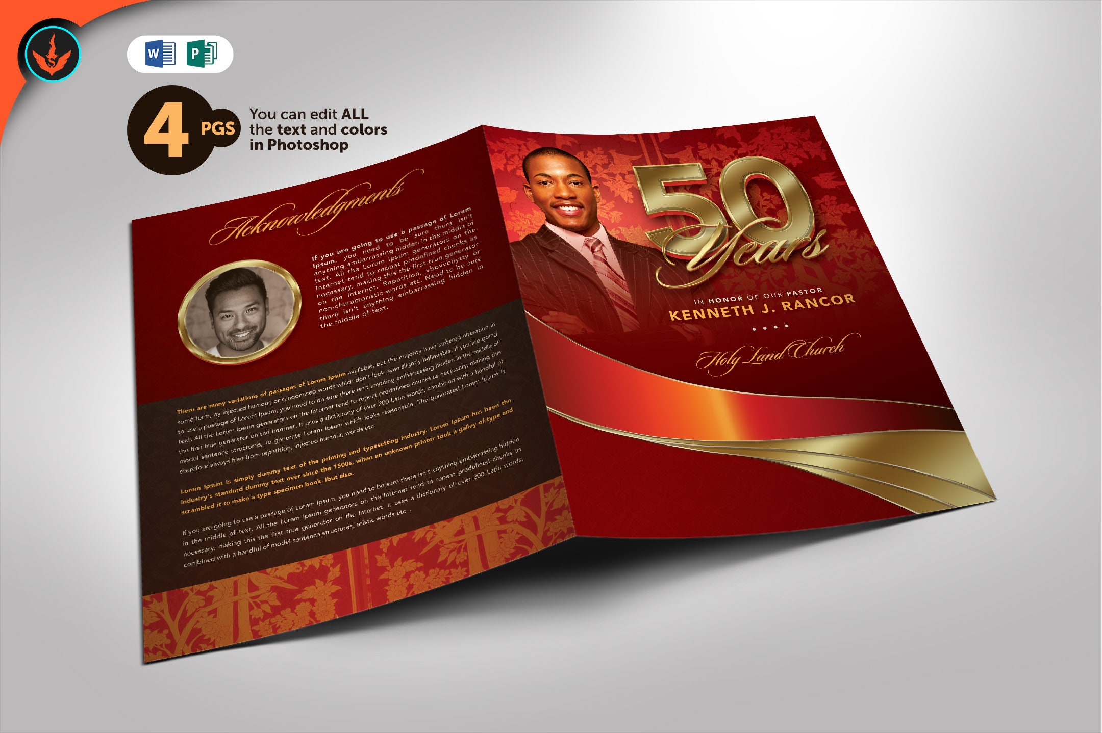 Pastor Anniversary Church Program Template: Crimson and Gold (digital ...